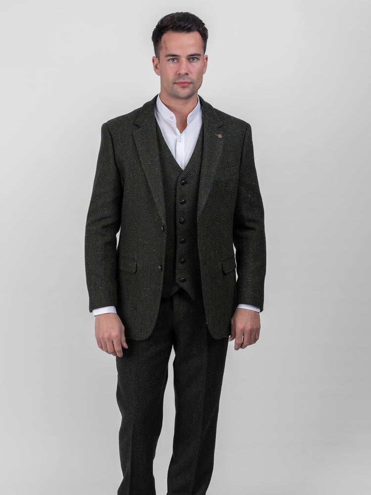 Stylish Green Herringbone Tweed Three-Piece Suit - Handmade Irish Suit ...