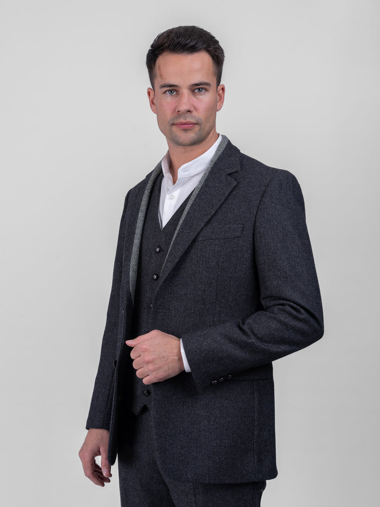 Classic Grey Herringbone Tweed Three-Piece Suit - Handmade Irish Suit ...